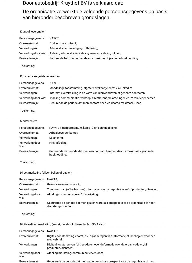 AVG Verklaring – Autobedrijf Kruythof